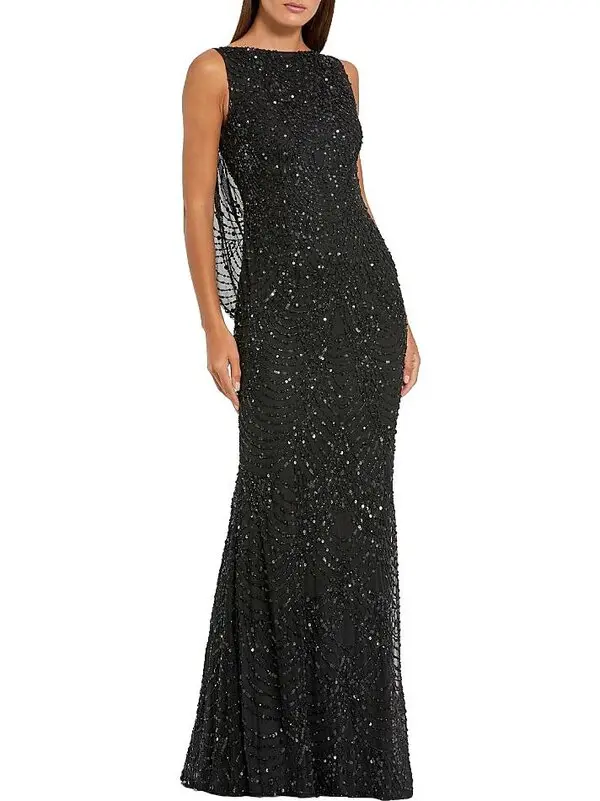 Mac Duggal Sleeveless Embellished Gown With Draped Beading And Cowl Back - Black