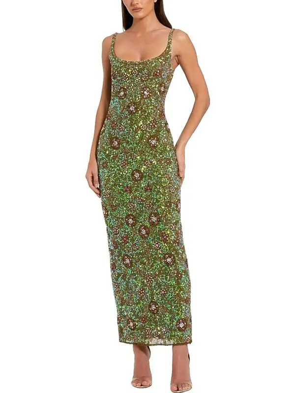 Mac Duggal Petite Beaded Mesh Sleeveless Scoop Neck Maxi Dress - Olive