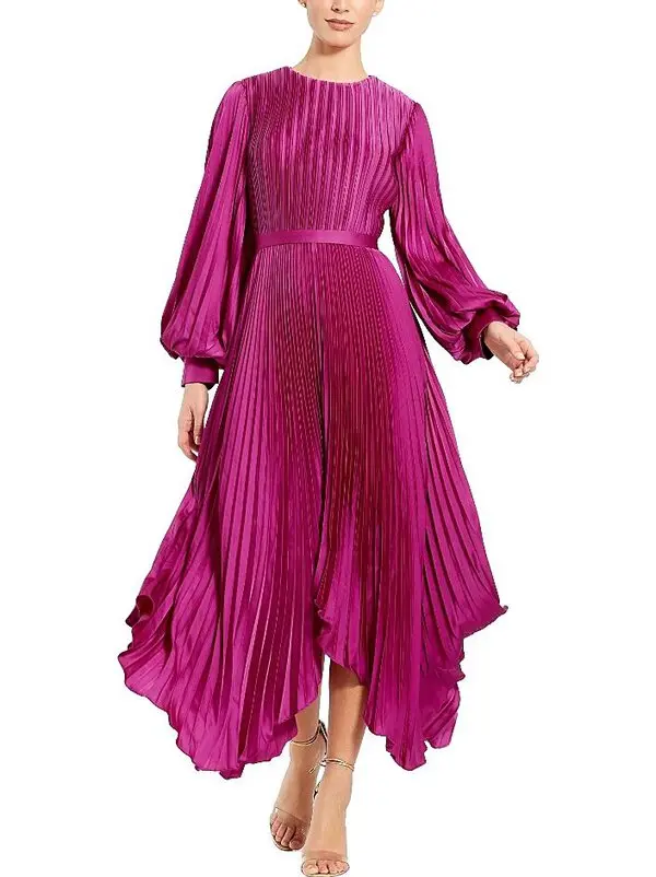 Mac Duggal Long Sleeve Pleated Charmeuse Handkerchief Dress - Fuchsia