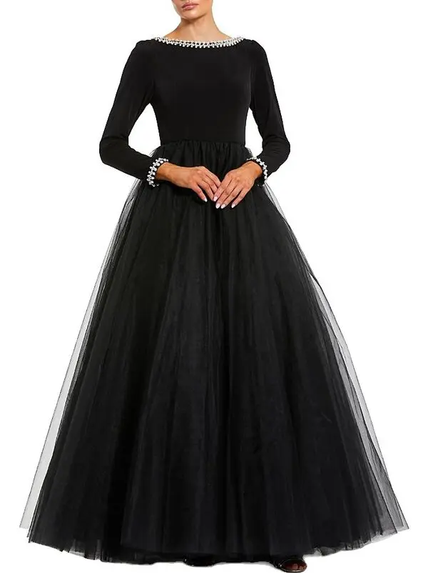 Mac Duggal Embellished Long Sleeve Ballgown - Black