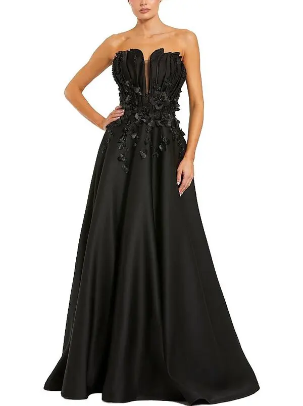 Mac Duggal Petite Strapless Satin Floral Embellished Ball Gown - Black
