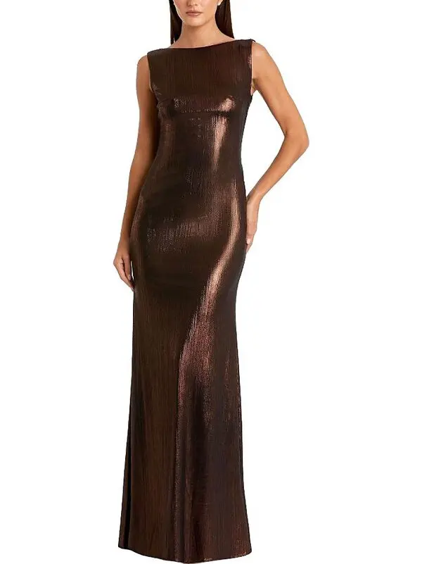 Mac Duggal Metallic Jersey Cowl Back Column Gown - Espresso