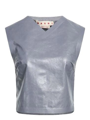 Marni Cropped Sleeveless V-neck Top In Goat Skin And Ribbed Knit - Grey