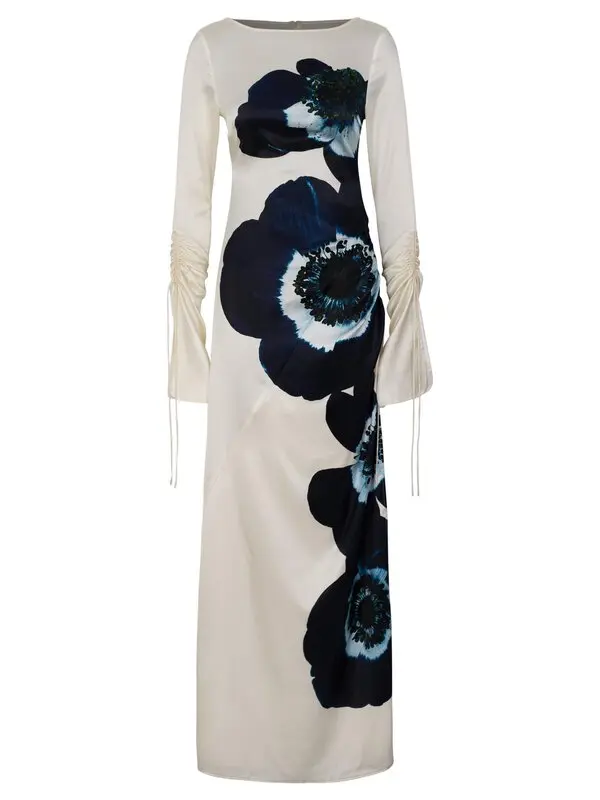 SAME Silk Floral Print Maxi Gown With Long Sleeves - Cream/navy