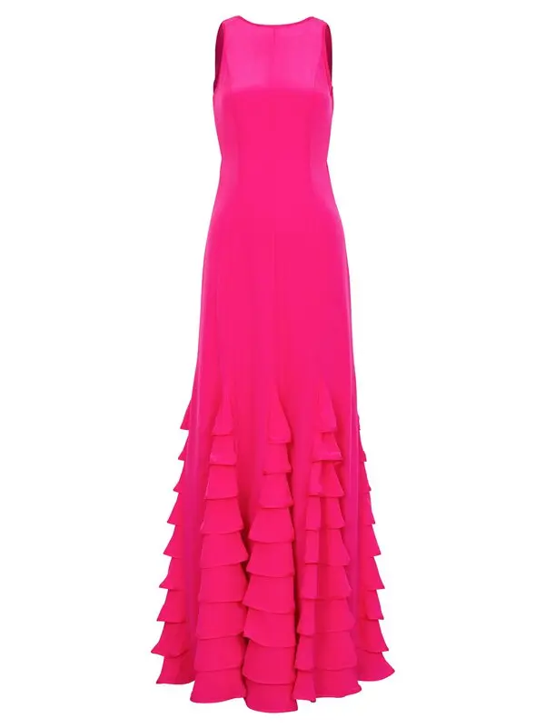 SAME Tiered Chiffon Gown With Open Back - Fuchsia