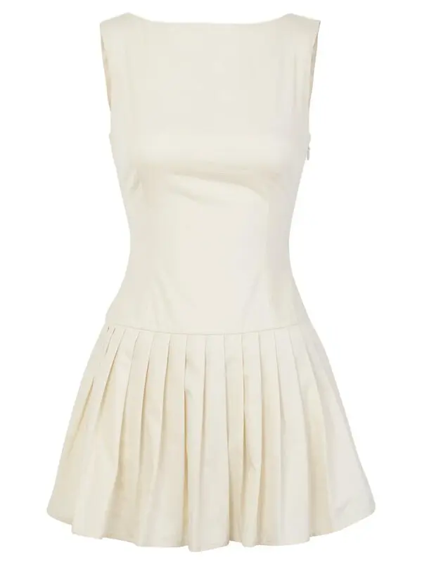 SAME Poplin Mini Dress With Boatneck And Pleated Skirt - Cream