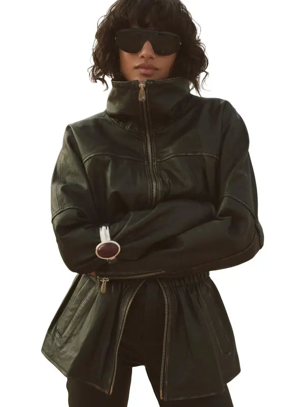 SAME Leather Parka With Exaggerated Collar - Black