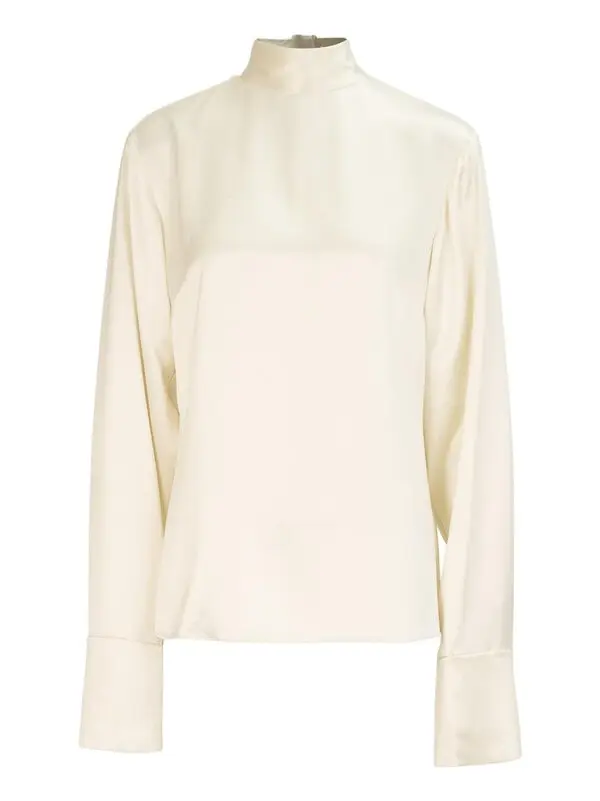 SAME Satin Long Sleeve Mock Neck Blouse - Cream