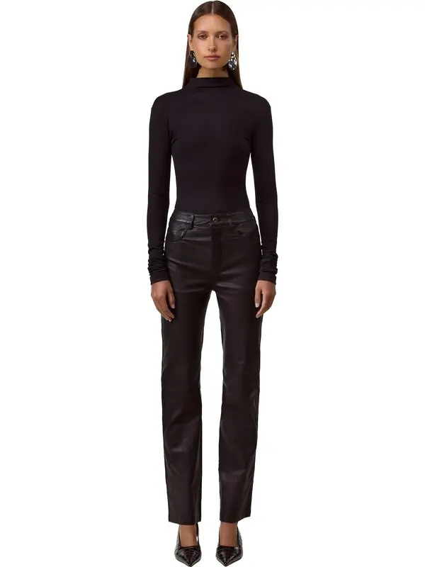 SAME High Rise Straight Leg Lambskin Leather Pants - Black