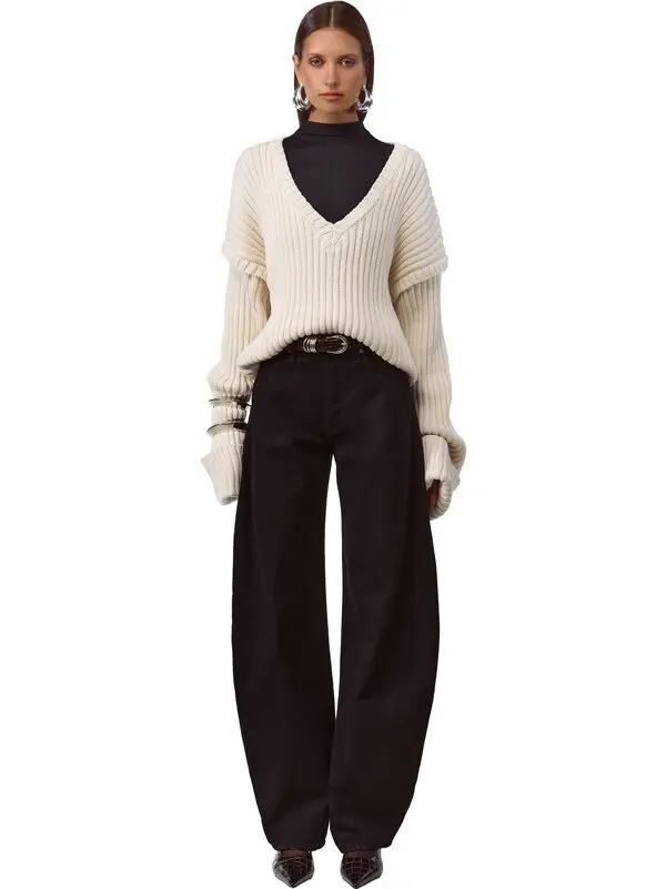 SAME Oversized V-neck Ribbed Wool Blend Sweater - Cream