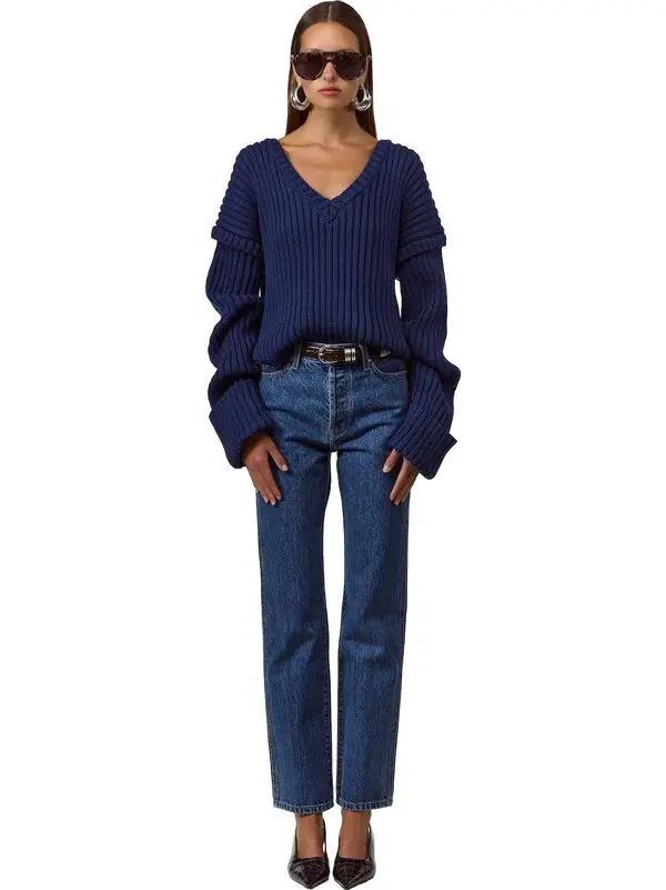 SAME Oversized V-neck Ribbed Sweater - Navy
