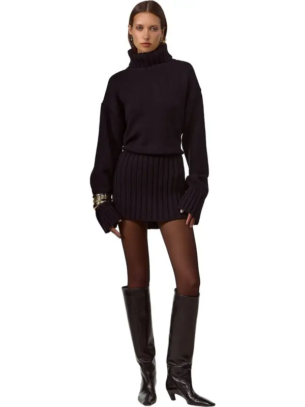 SAME Sculptural Knit Turtleneck Mini Dress - Black