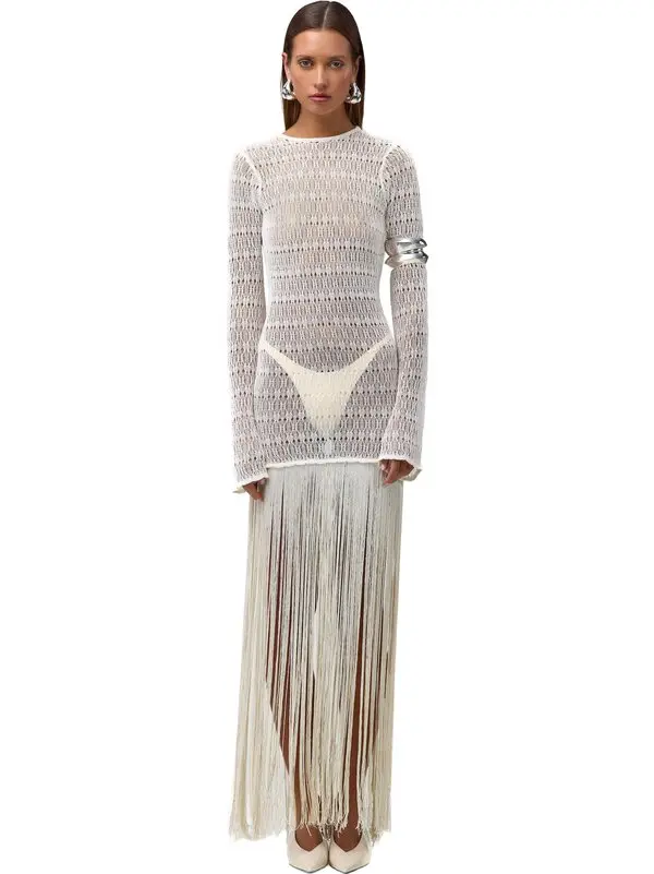 SAME Long Sleeve Fringe Knit Maxi Dress - Cream
