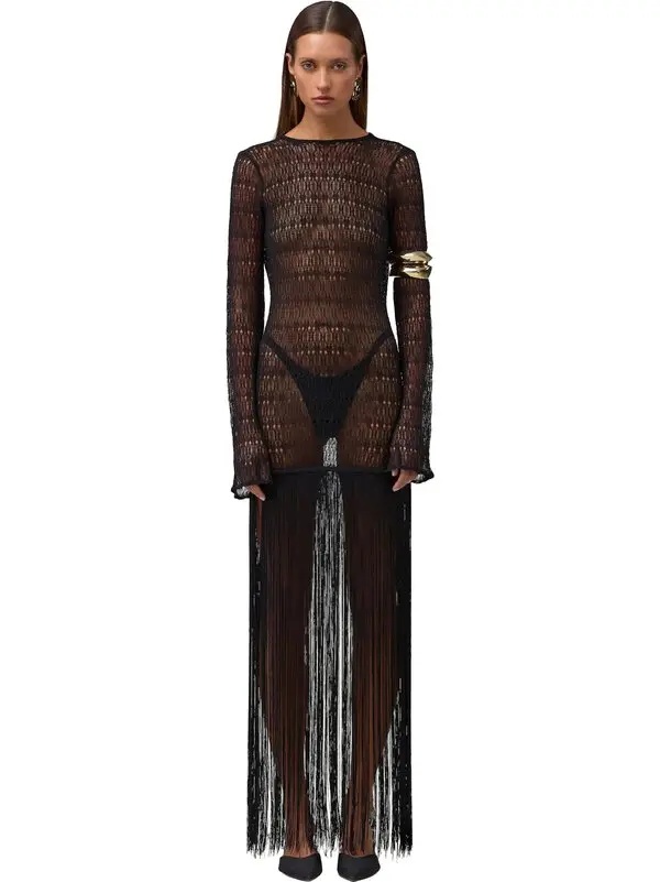 SAME Long Sleeve Knit Maxi Dress With Fringe - Black