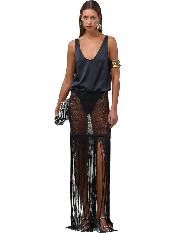 SAME Fringe Knit Maxi Skirt - Black