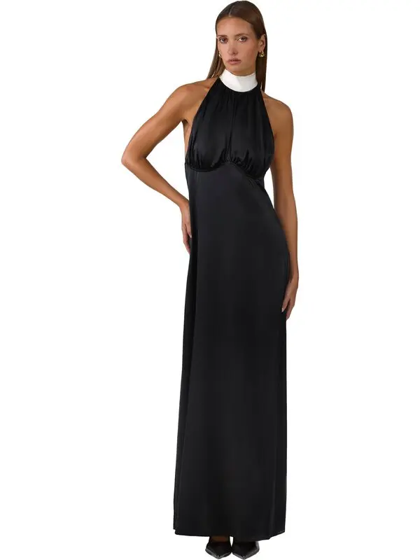 SAME Contrast Tie Neck Gown - Black