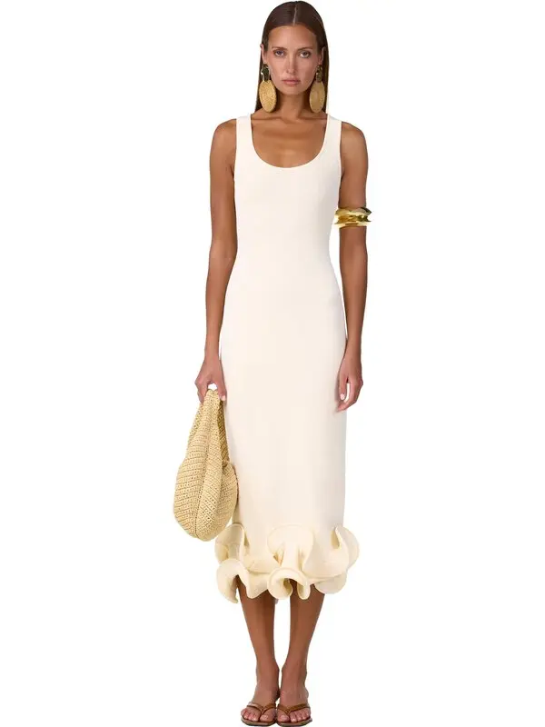 SAME Double Ruffle Hem Midi Dress - Cream