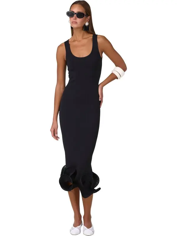 SAME Double Ruffle Hem Midi Dress - Black