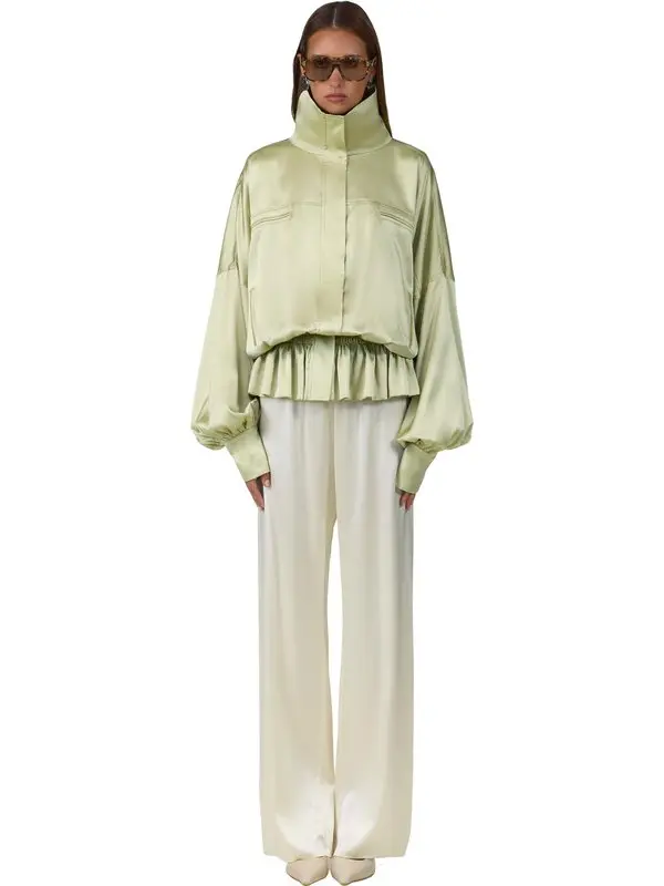 SAME Silk Peplum Bomber Jacket With Stand Collar - Sage