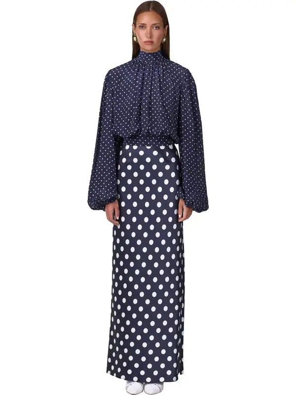SAME Draped Sleeve Chiffon Top - Navy White Polka Dot