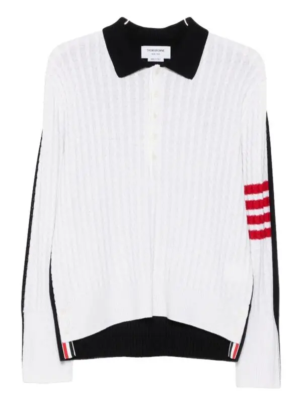 Thom Browne 4-bar Cable-knit Polo Shirt - White