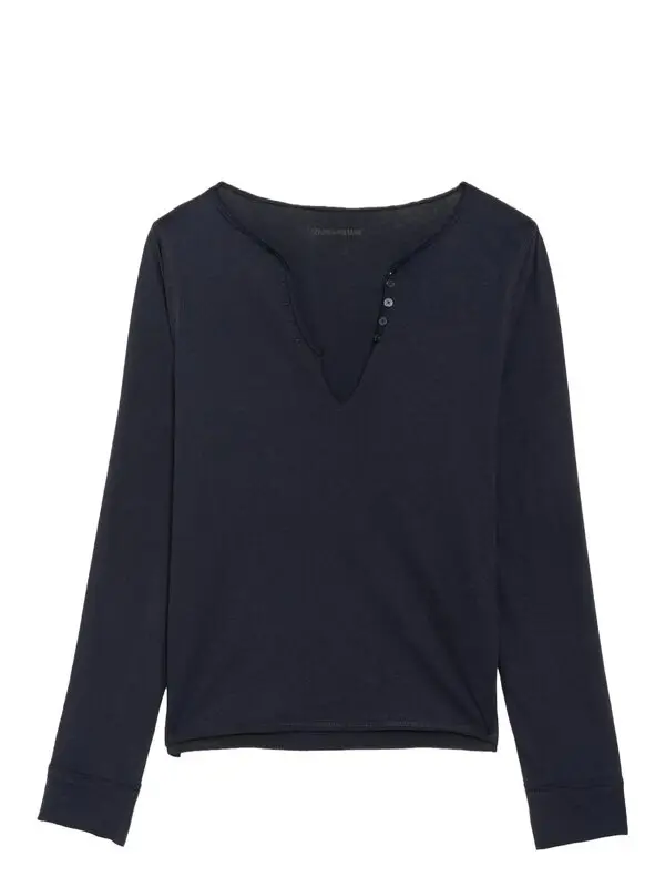 Zadig&Voltaire Long Sleeve Henley Shirt With Rhinestone Wings - Black