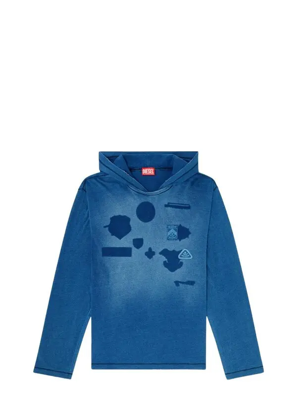 DIESEL® Indigo Cotton Jersey Hoodie Long-sleeve T-shirt With Shadow-effect Patches - Medium Blue