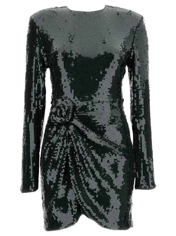 ROTATE BY BIRGER CHRISTENSEN Long Sleeve Floral Appliqué Sequin Dress - Black