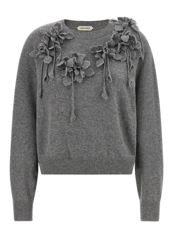 Alberta Ferretti Wool Sweater With 3d Floral Appliqu - Grey
