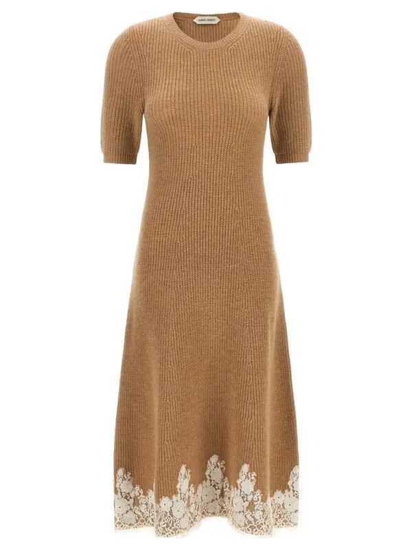 Alberta Ferretti Rib-knit Midi Dress With Lace Hem - Brown