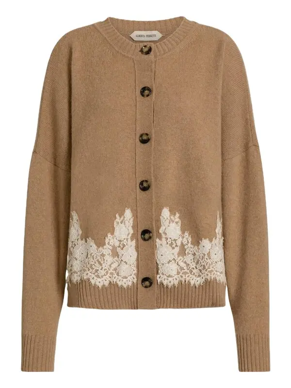 Alberta Ferretti Cashmere Cardigan With Lace Hem - Light Brown