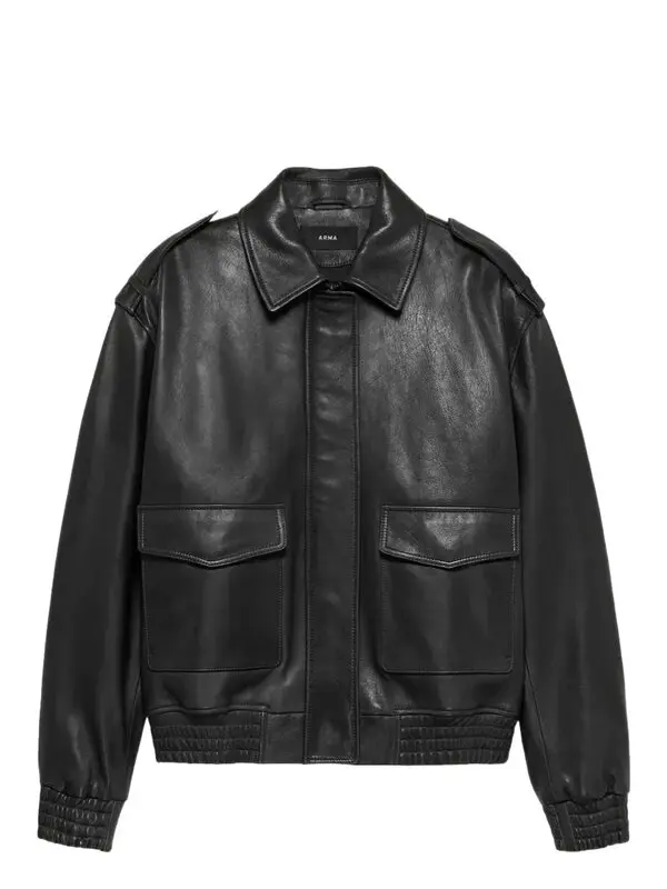 ARMA Collared Leather Bomber Jacket - Mud Brown