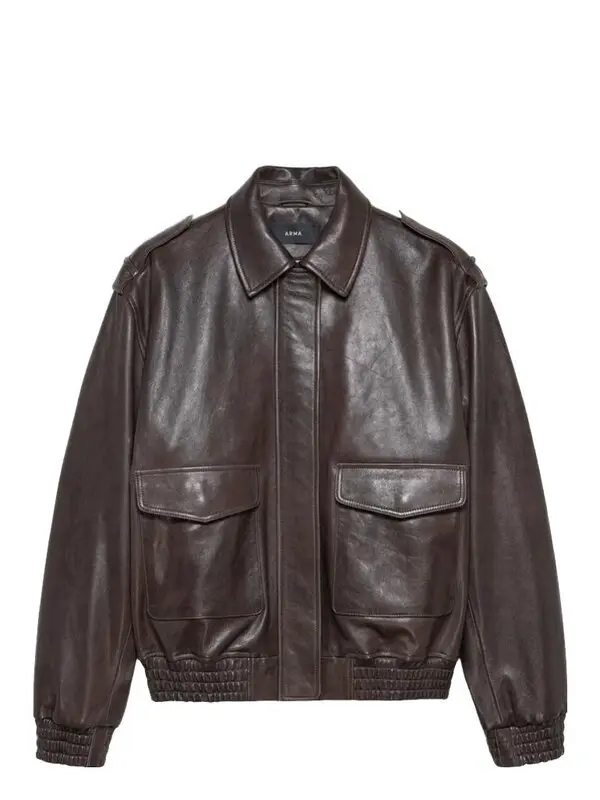 ARMA Collared Leather Bomber Jacket - Muddy Brown