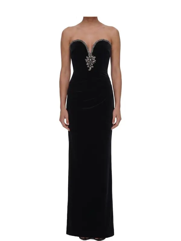 SELF-PORTRAIT Velvet Maxi Dress With Embellished Bodice - Black