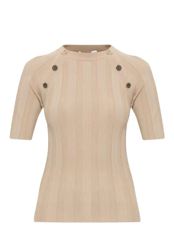Sportmax Ribbed Knit Round Neck Short Sleeve Top With Button Detail - Beige