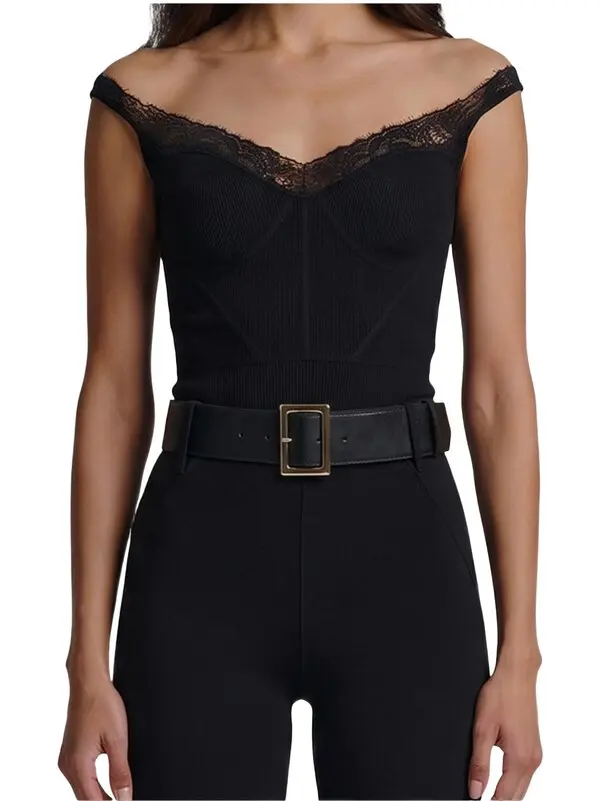SELF-PORTRAIT Sweetheart Neckline Lace Detail Knit Top - Black