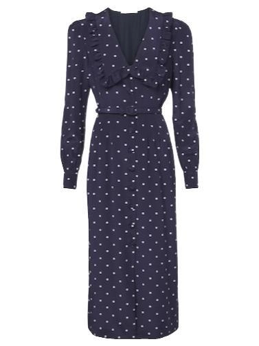 Alessandra Rich Polka Dot Silk Midi Dress With Ruffled Collar - Blue