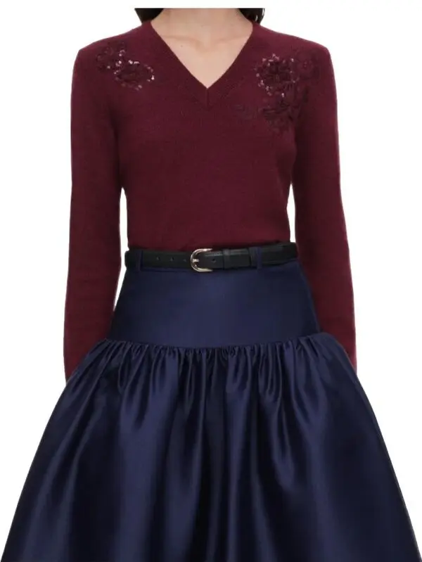 SELF-PORTRAIT Burgundy Floral Wool Jumper - Wine Red