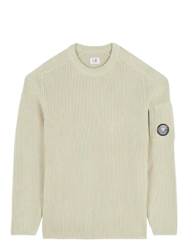 C.P. COMPANY Ribbed Crew Neck Sweater With Lens Detail - Light Brown