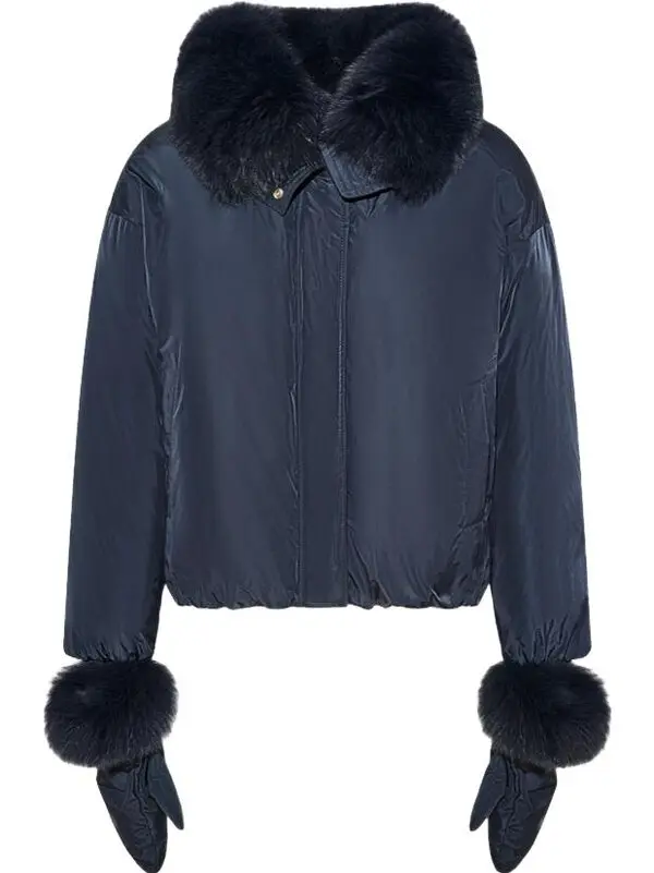 YVES SALOMON Short Technical Fabric Down Jacket With Detachable Fox Fur - Navy