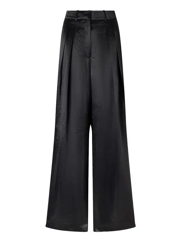 ABADIA Pleated Satin High-waist Wide-leg Pants - Black