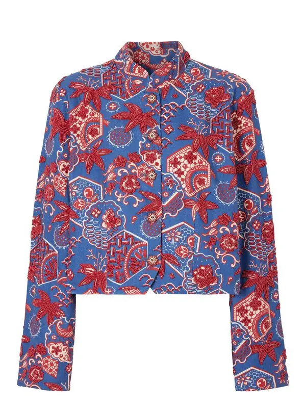 Alix Of Bohemia Clarke Delft Hive Cropped Embellished Printed Cotton Jacket - Blue