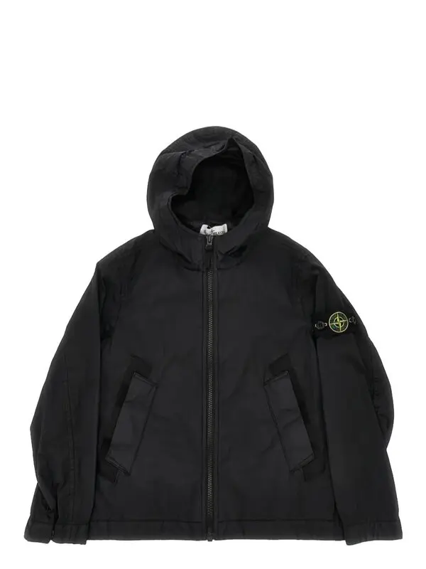 Stone Island Hooded Zip-up Jacket With Logo Patch - Black