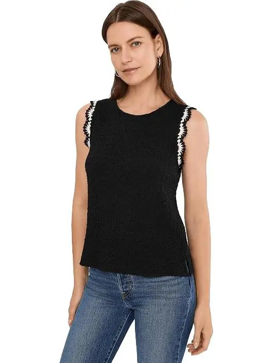 Vince Camuto Sleeveless Crewneck Tank With Scalloped Trim - Black