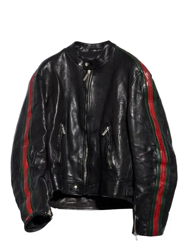 Gucci Leather Biker Jacket With Stripe Detail - Black