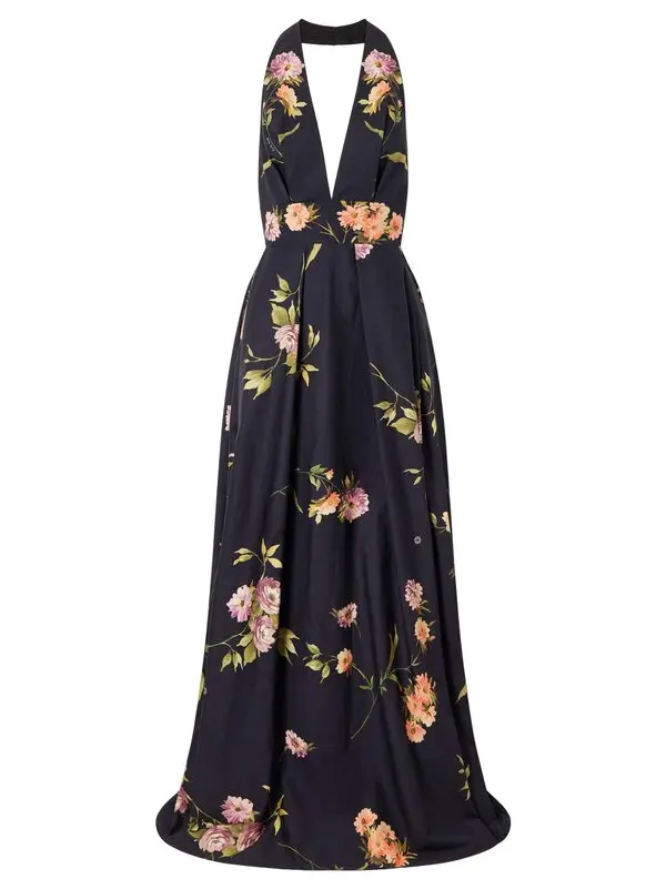 Elie Saab Floral-print Halterneck Gown - Navy