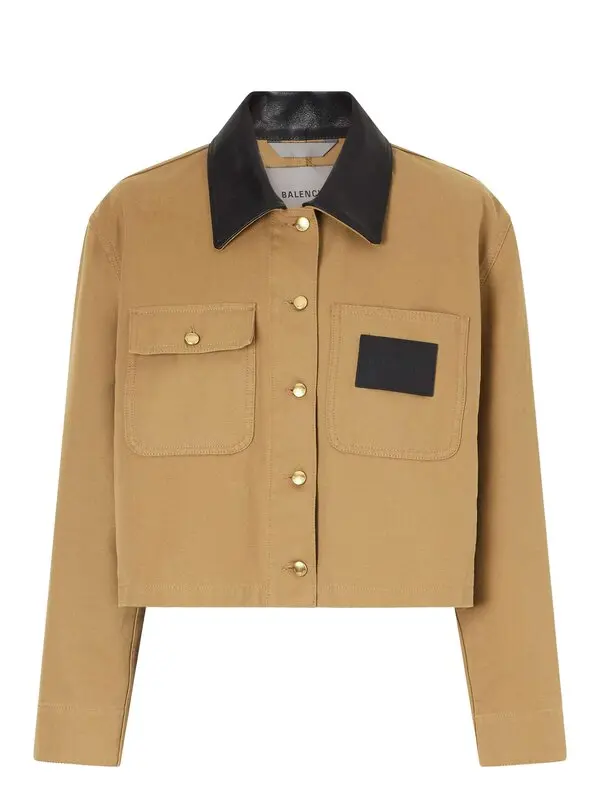 Balenciaga Cropped Cotton-canvas Jacket With Leather Trim - Beige