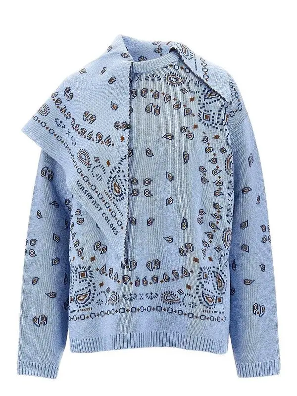 Alanui Bandana Jacquard Virgin Wool Sweater With Detachable Scarf - Blue