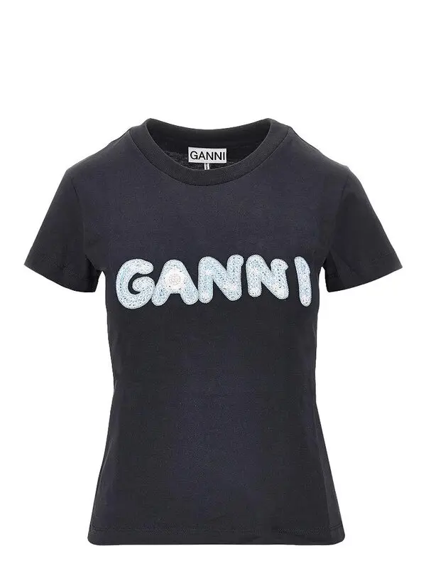 GANNI Cotton T-shirt With Logo Embroidery - Black