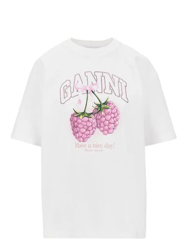 GANNI Cotton T-shirt With Rhinestone Logo And Raspberry Print - White